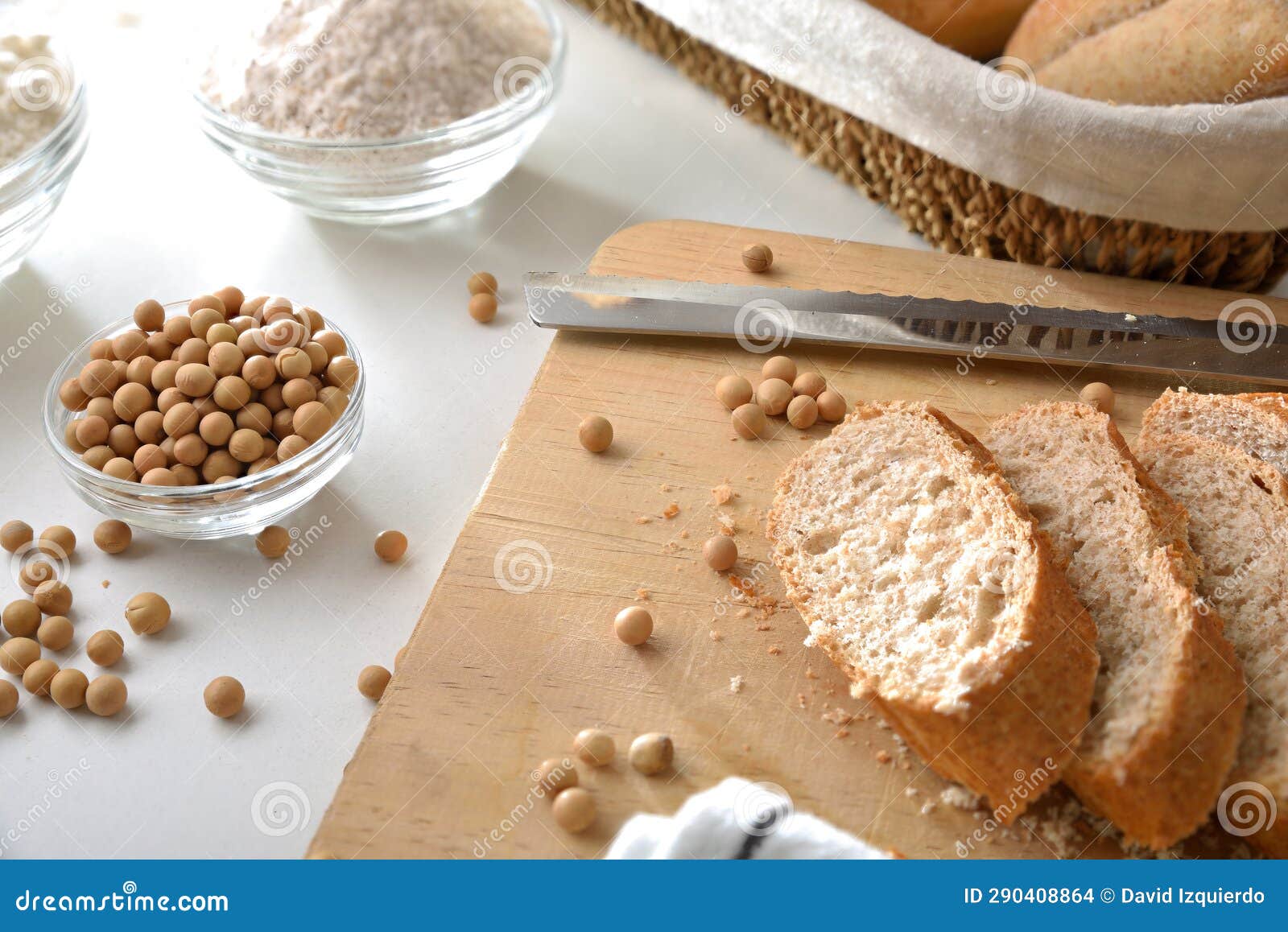 Sliced Soy Bread on Cutting Board on Kitchen Bench Stock Photo - Image ...