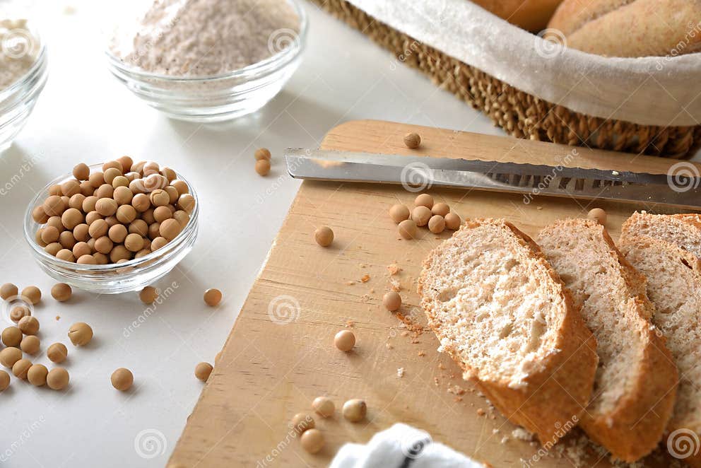 Sliced Soy Bread on Cutting Board on Kitchen Bench Stock Photo - Image ...