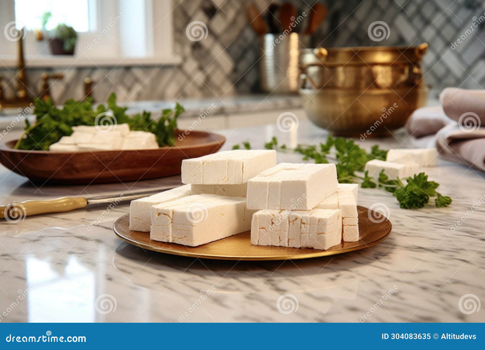 Sliced Tofu on Marble Countertop, Kitchen Setting Stock Image - Image ...
