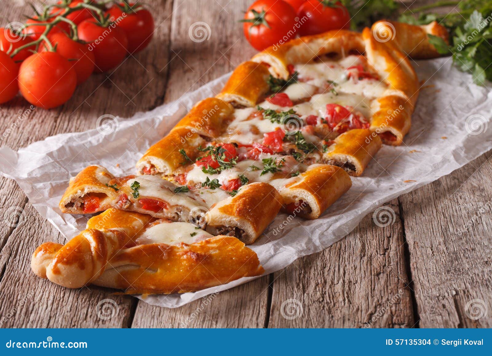 Sliced Turkish Pide Close Up on the Table and Ingredients. Horiz Stock ...