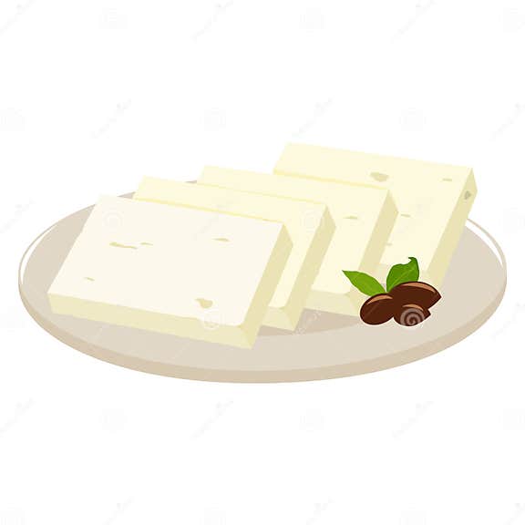 Feta Cheese Slices on a Plate. Pieces of White Greek Cheese with Green ...