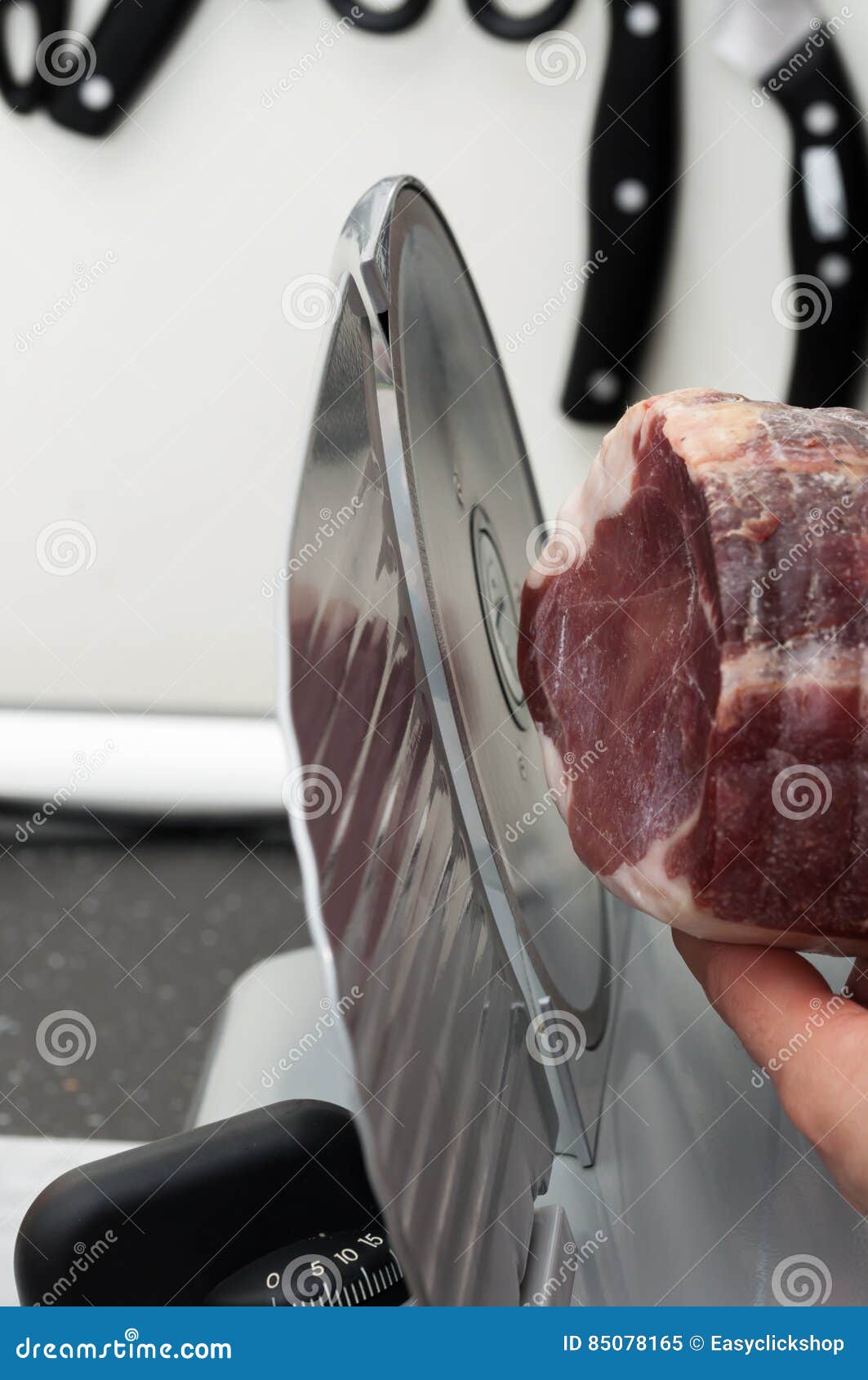 Slicer and ham stock image. Image of machine, pork, hand - 85078165