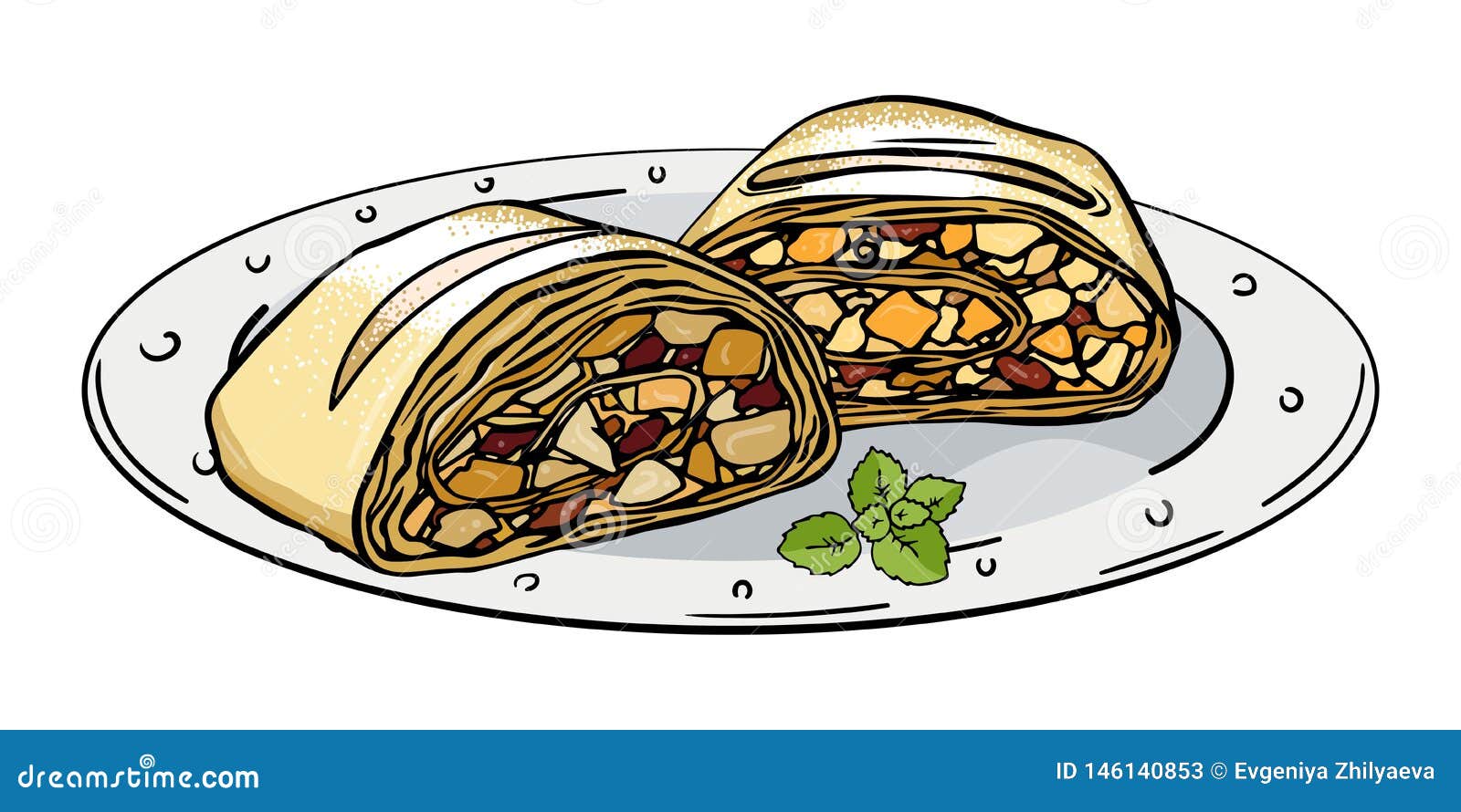 Slices Viennese Apple Strudel Black Outline On White Background ...