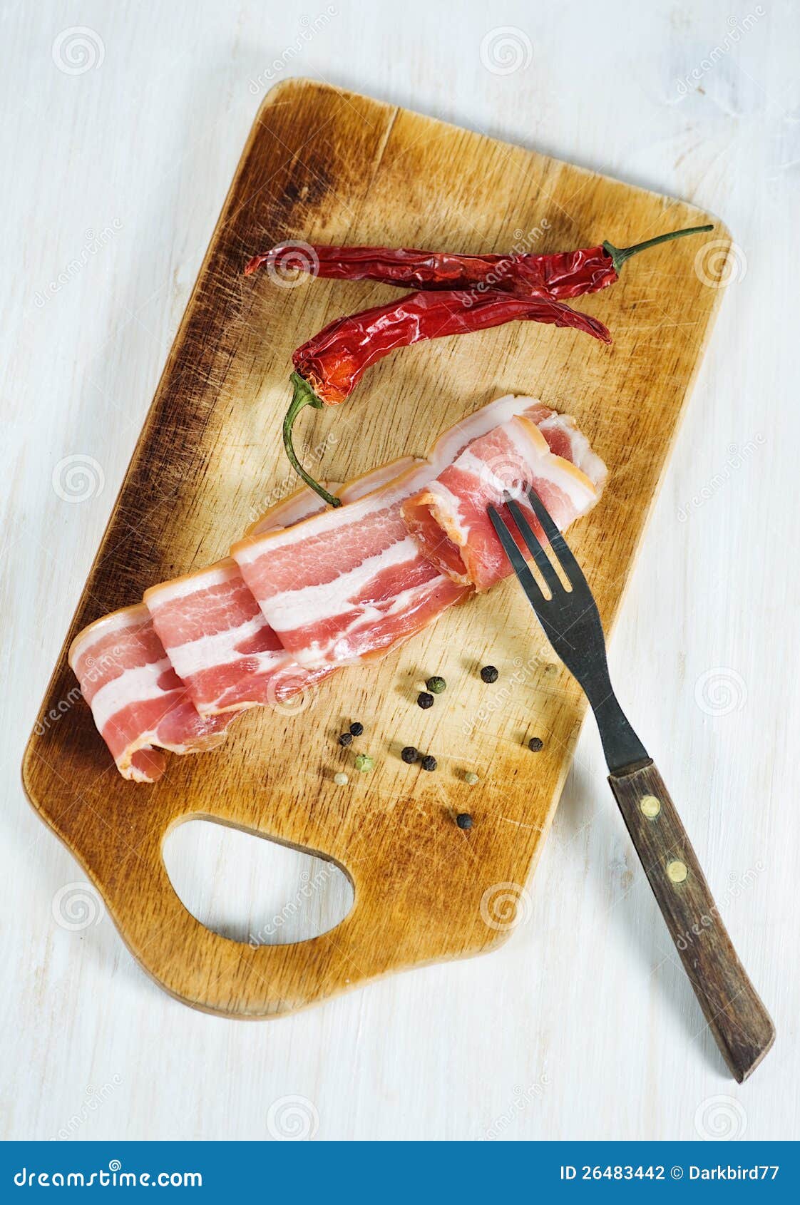 Slices of Bacon, Fork and Chili Peppers Stock Photo - Image of gourmet ...