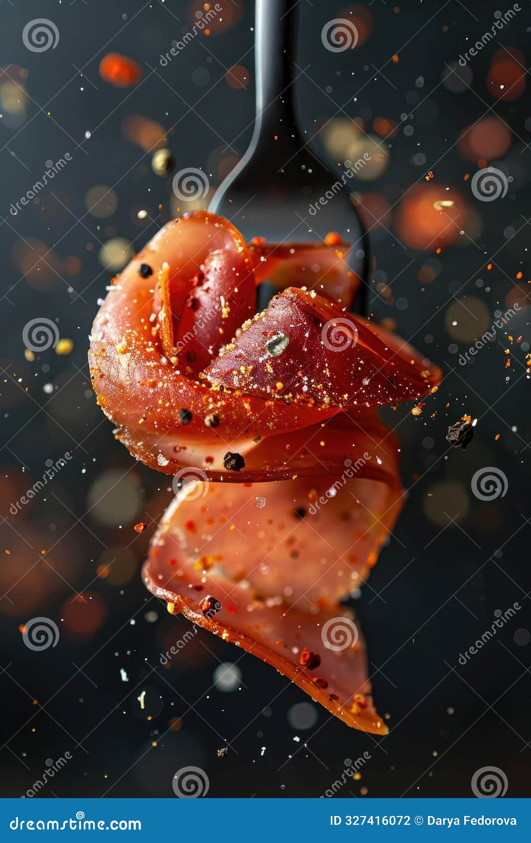 Slices of Bacon with Spices on Fork with Flaming Sparks Stock Photo ...