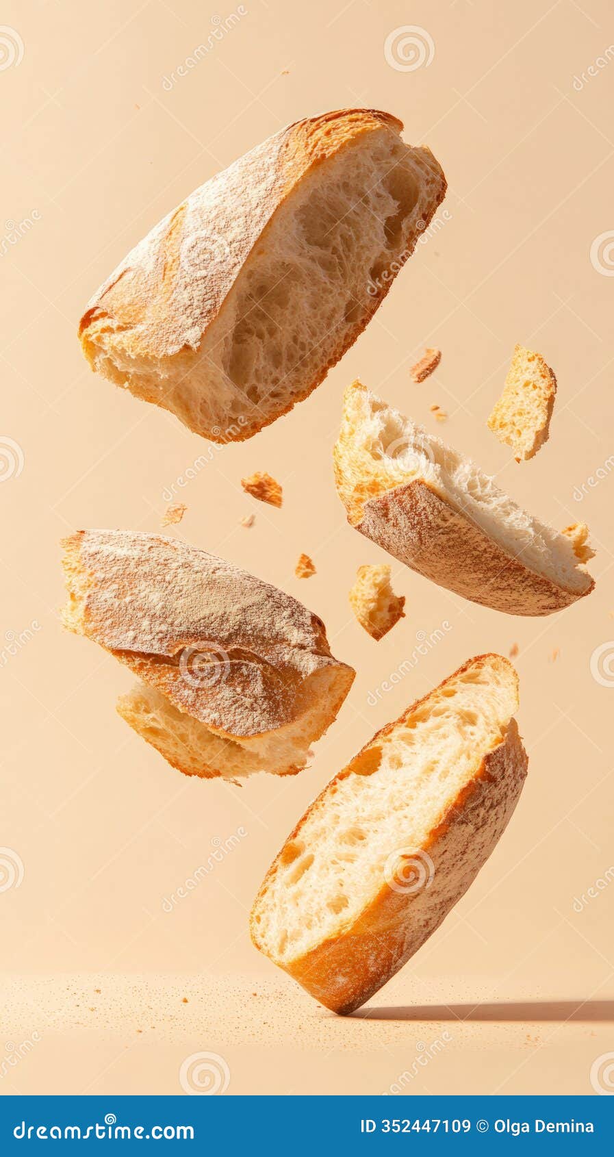Slices of Bread Floating and Rotating on Beige Background Stock Image ...