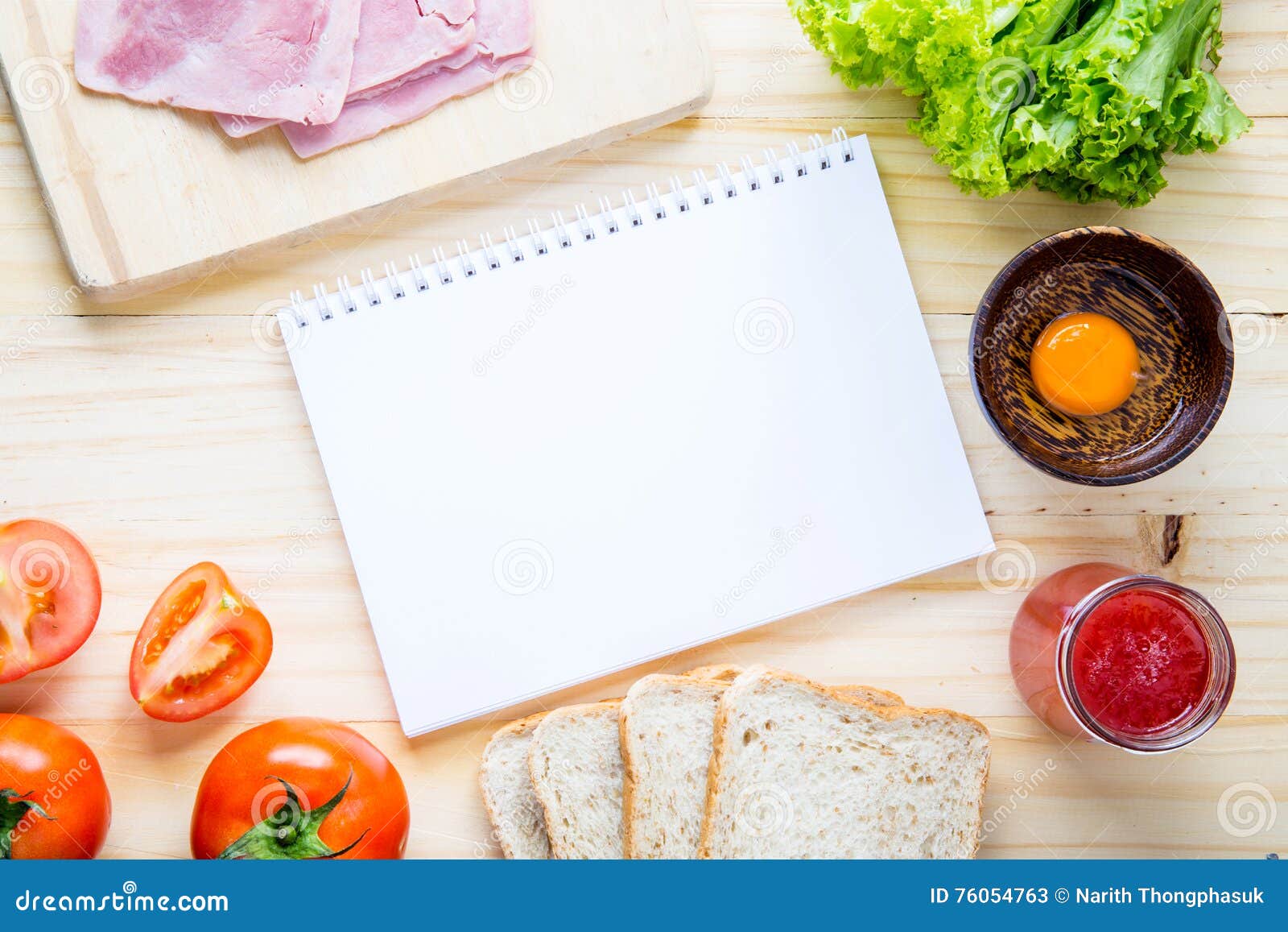 Slices of Bread with Jam and Ham, Tamoto, Lettuce, Egg, Note Stock ...