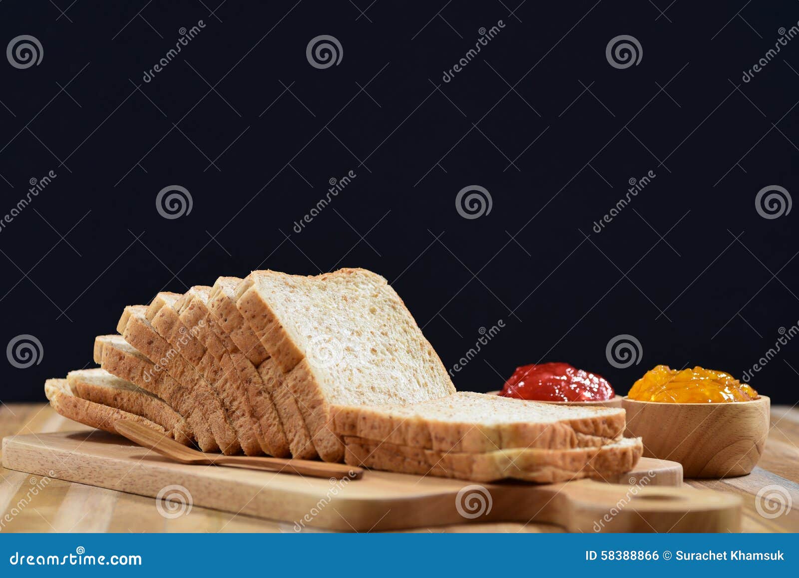 Slices Bread with Jam on Wooden Table Stock Photo - Image of homemade ...