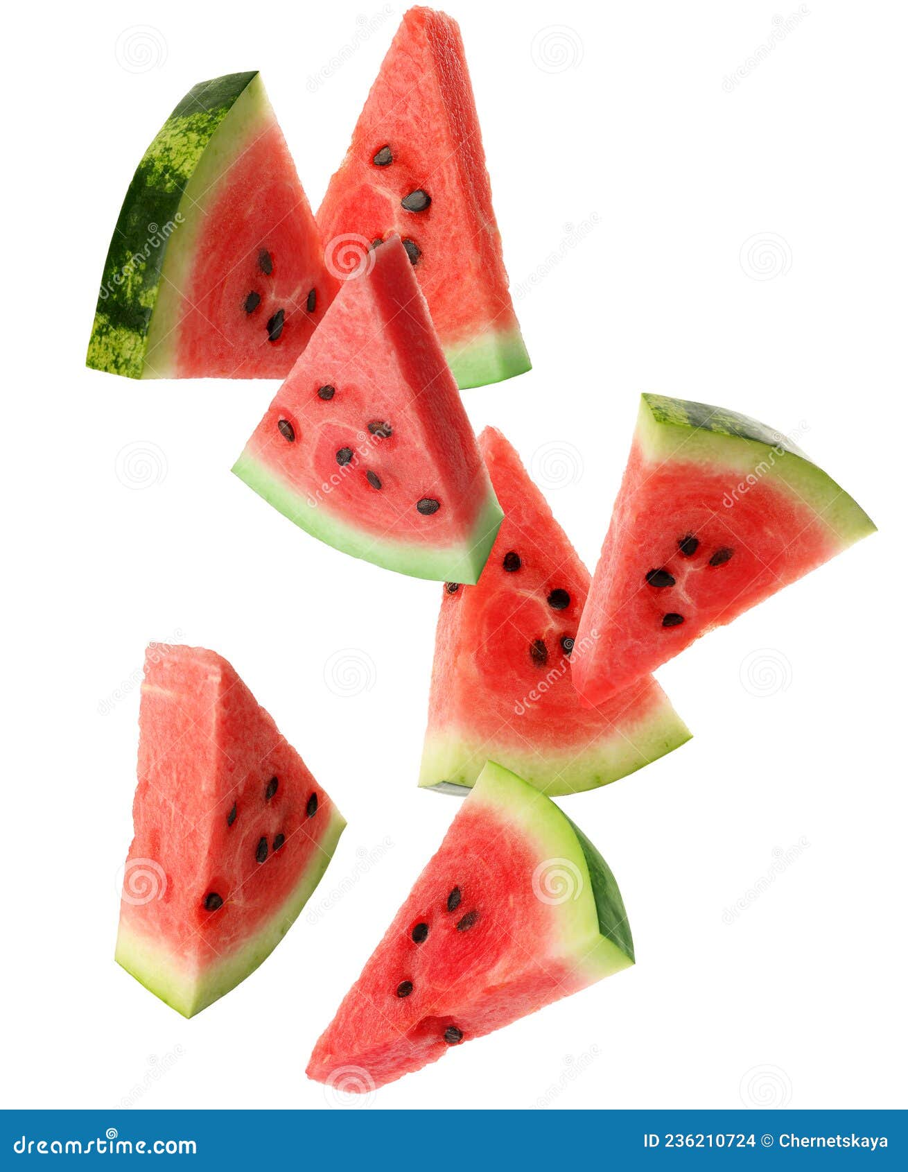 Slices of Delicious Ripe Watermelon Falling on White Background Stock ...