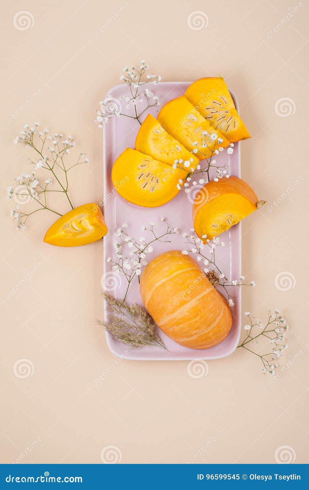 Slices of Fresh Young Pumpkin on a Rectangular Pink Plate on an Stock ...