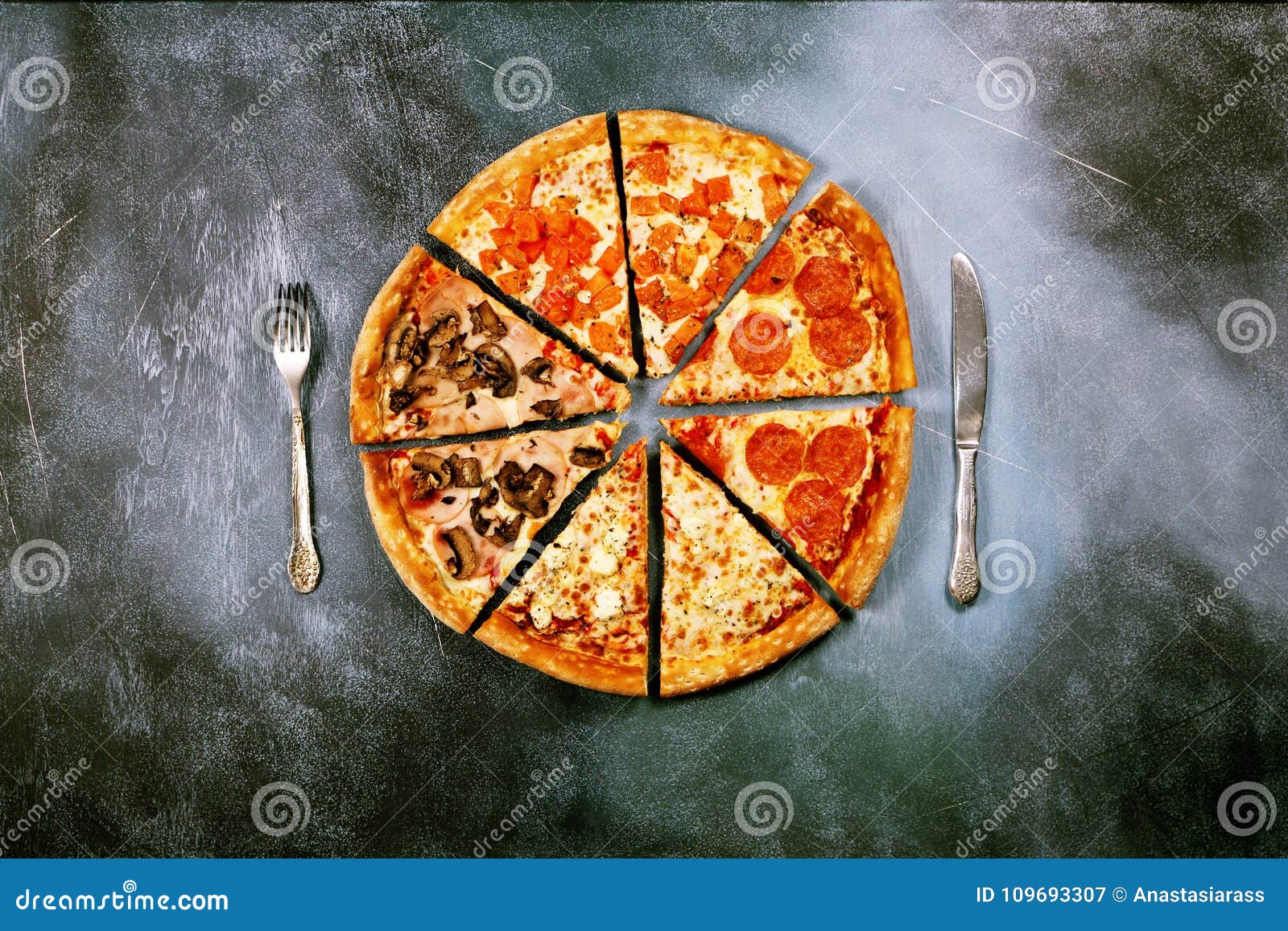 Slices of Pizza with Different Fillings on a Dark Textured Background ...
