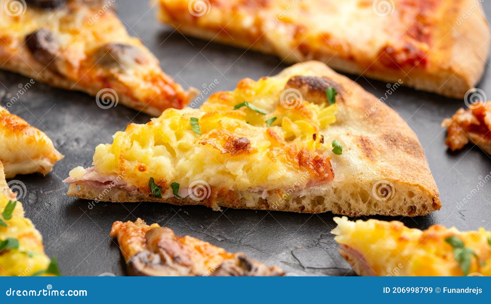 Slices of Pizza with Different Toppings on Black Table Stock Image ...
