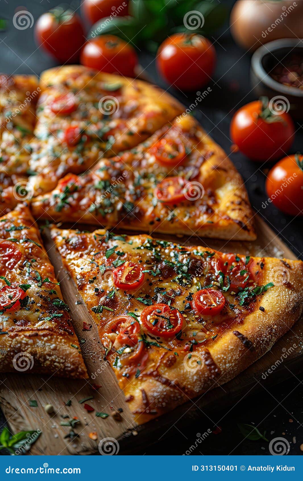 Slices of Pizza with Fresh Tomatoes, in the Style of Bold Structural ...
