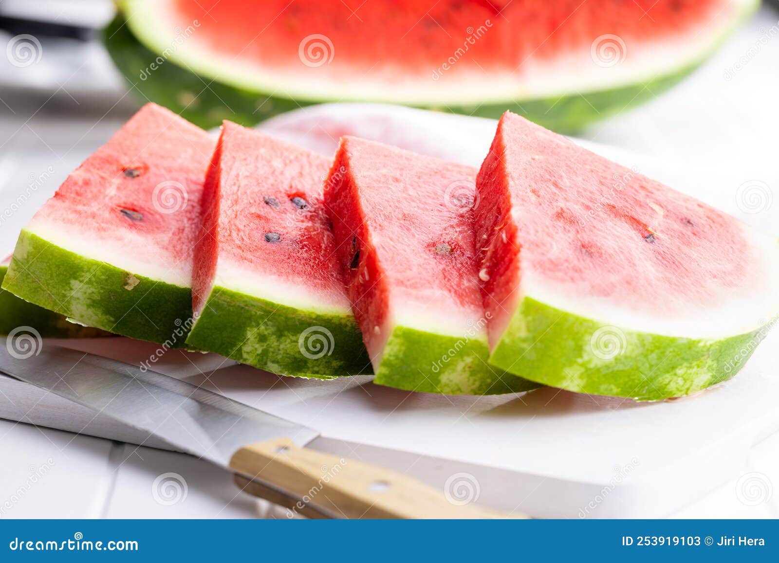 Slices of Red Watermelon on Cutting Board Stock Image - Image of food ...