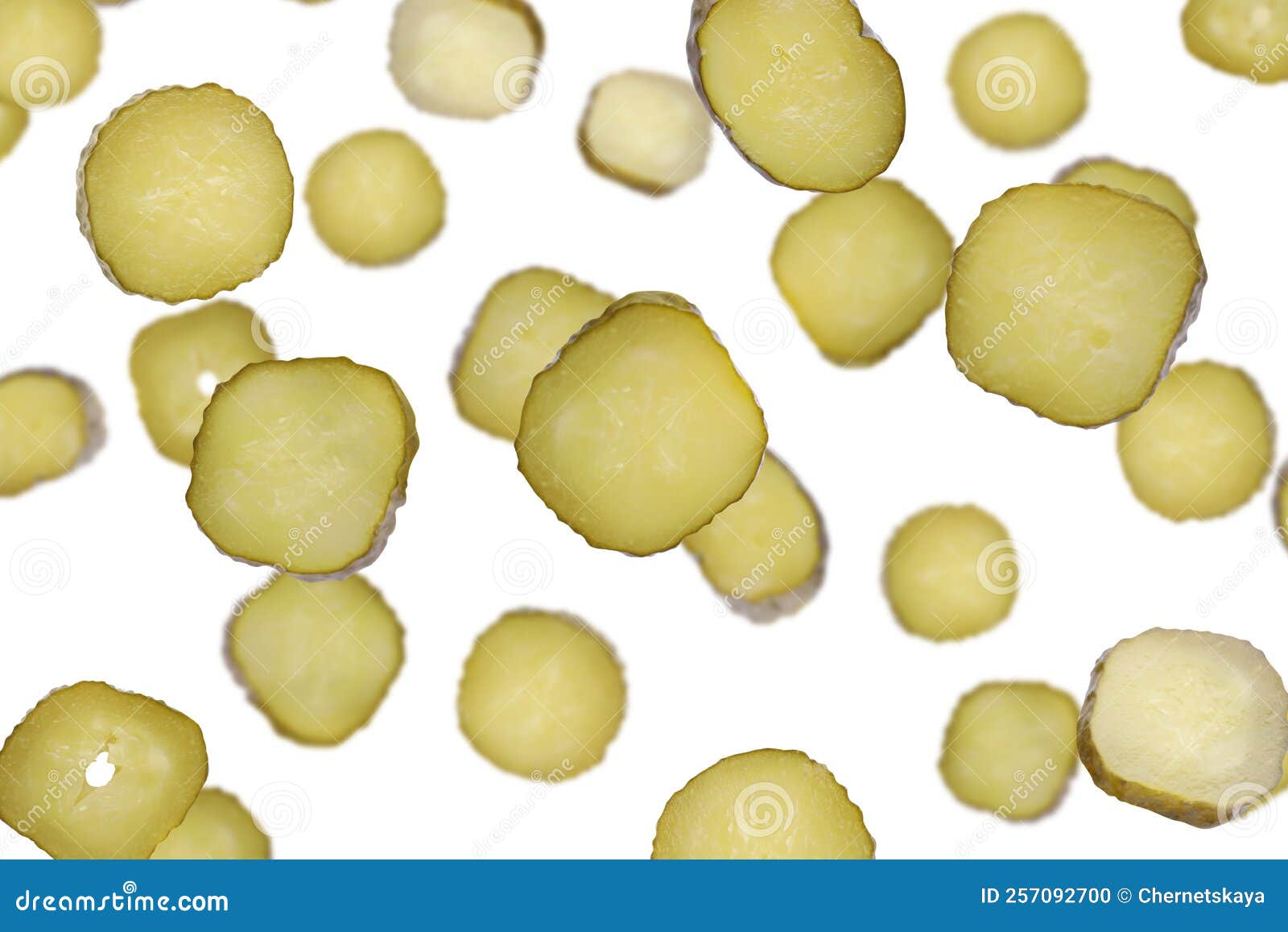 Slices of Tasty Pickled Cucumbers Falling on White Background Stock ...