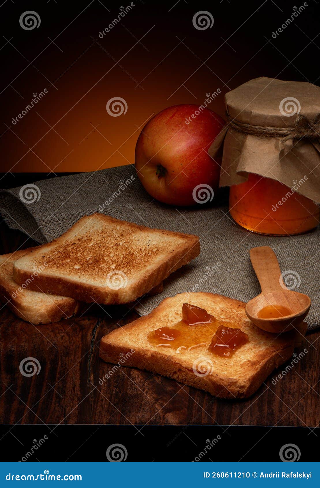 Slices of Toast with Apple Jam on Wooden Table Stock Photo - Image of ...