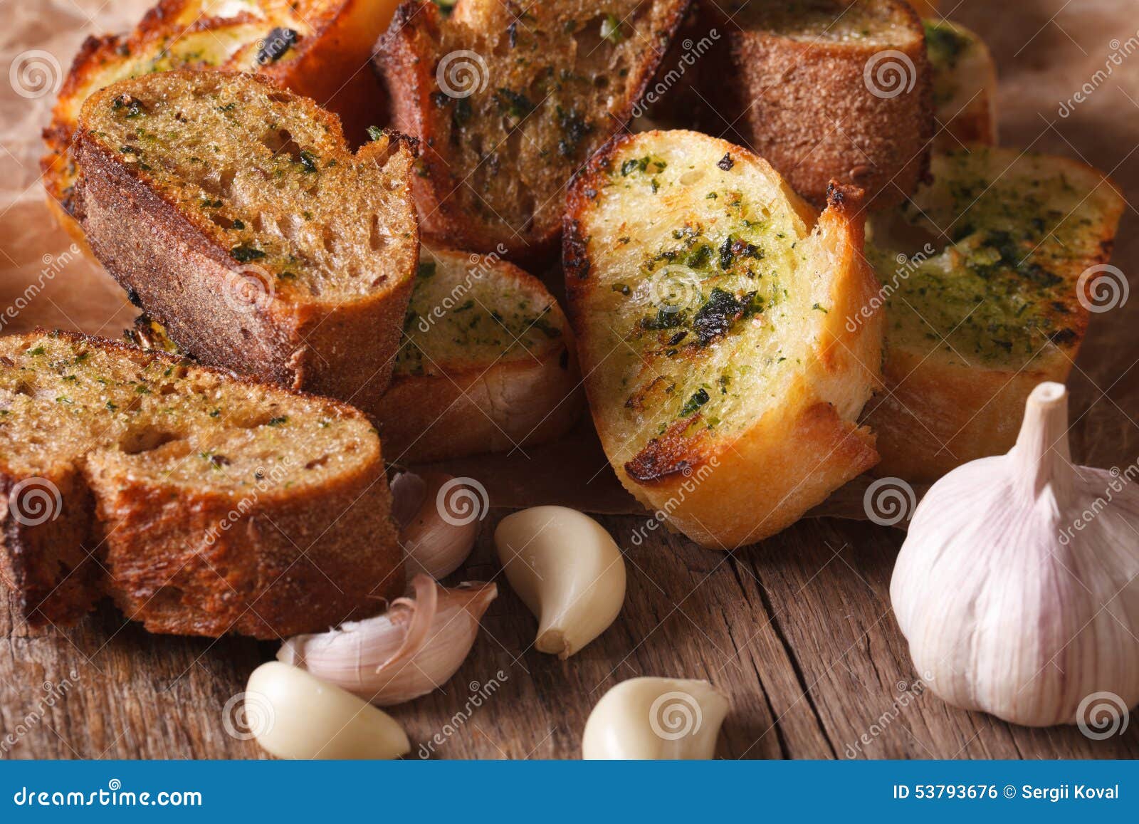 Slices of Toasted Bread with Herbs and Garlic. Horizontal, Rustic Stock ...