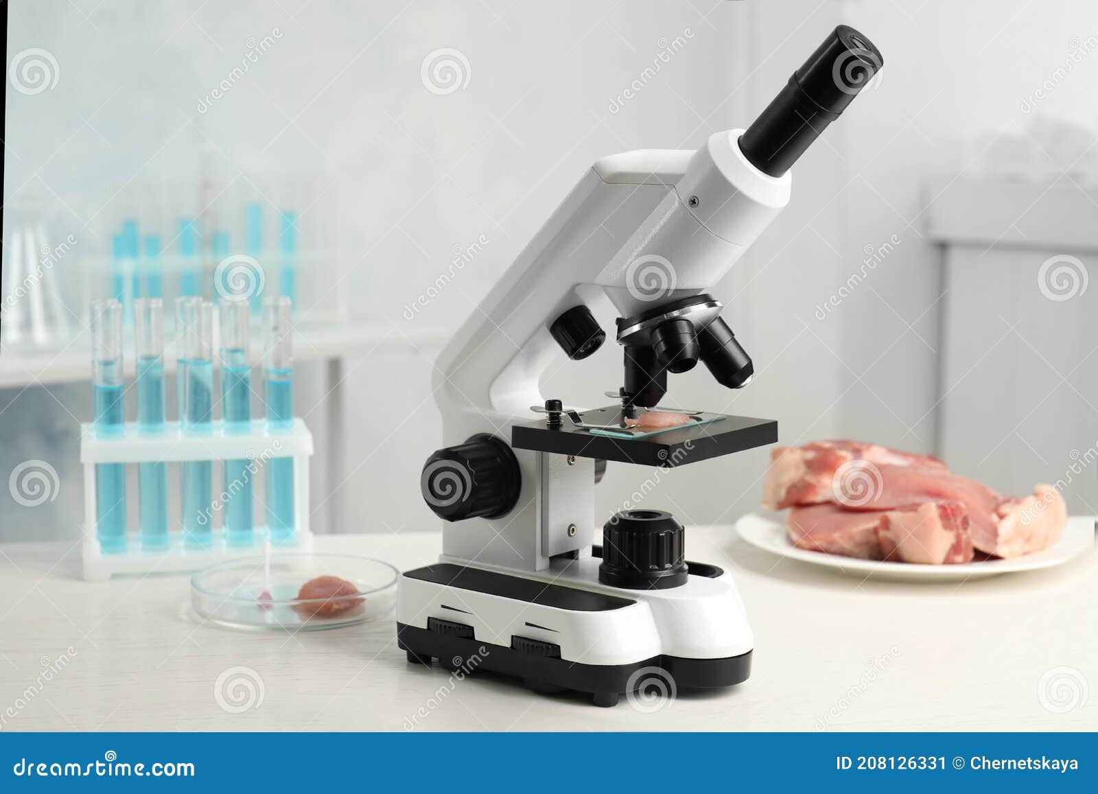 Slide with Meat Sample on Microscope in Laboratory. Poison Detection ...