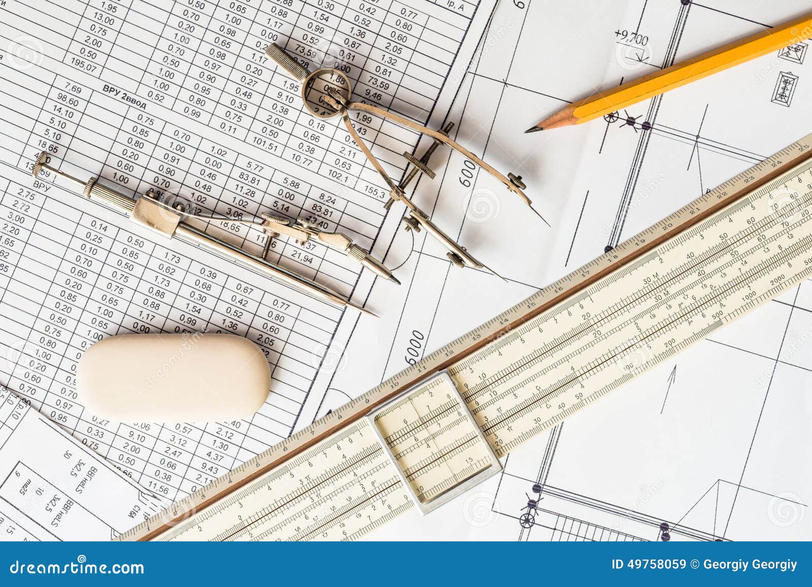 Slide Rule with Diagrams and Drawing Tools on the Table Stock Image ...