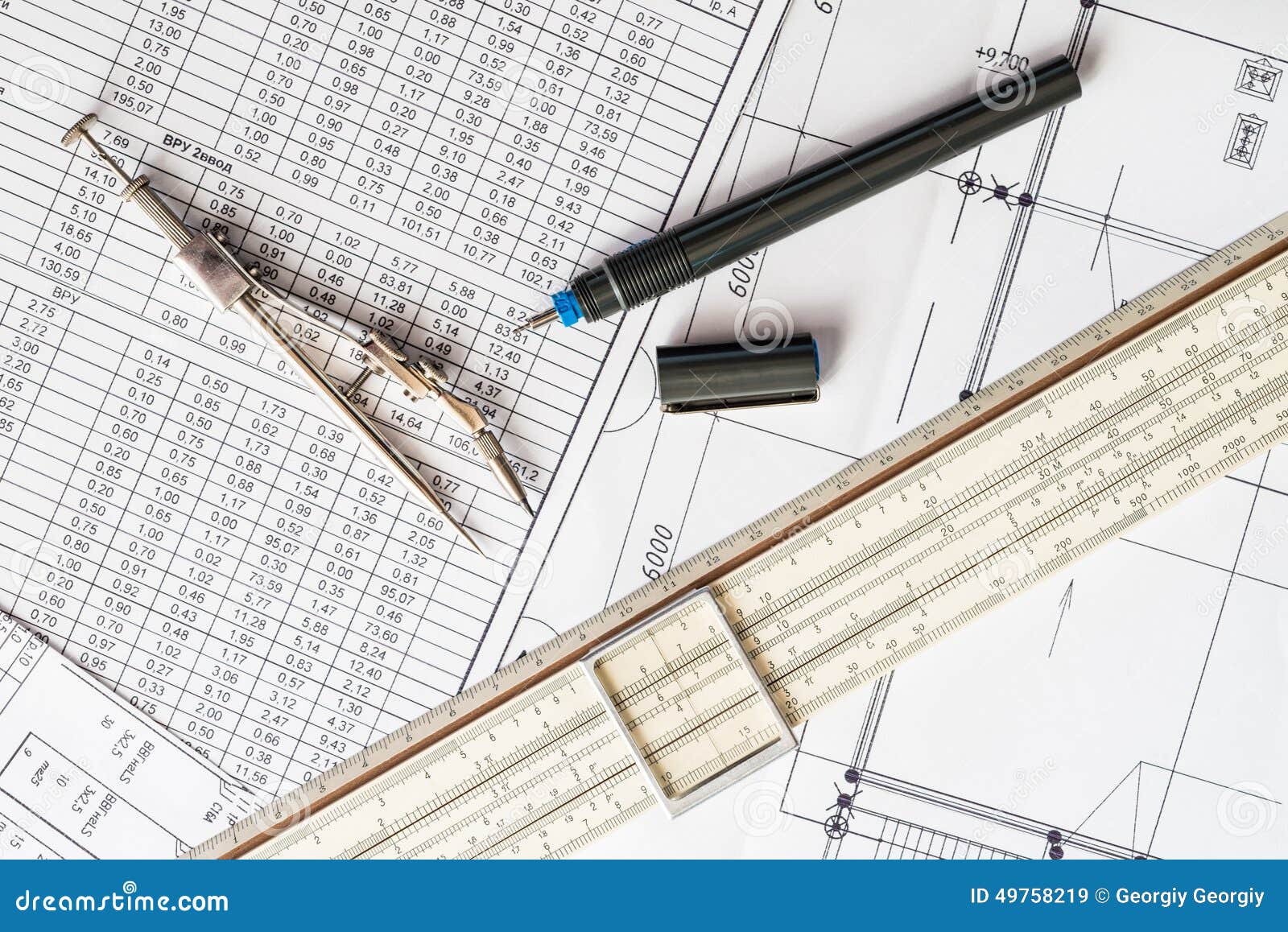 Slide Rule with Diagrams and Drawing Tools on the Table Stock Image ...