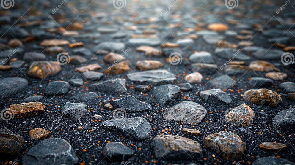 Gray Asphalt Surface Compacted Over Soil with Visible Rocks during ...