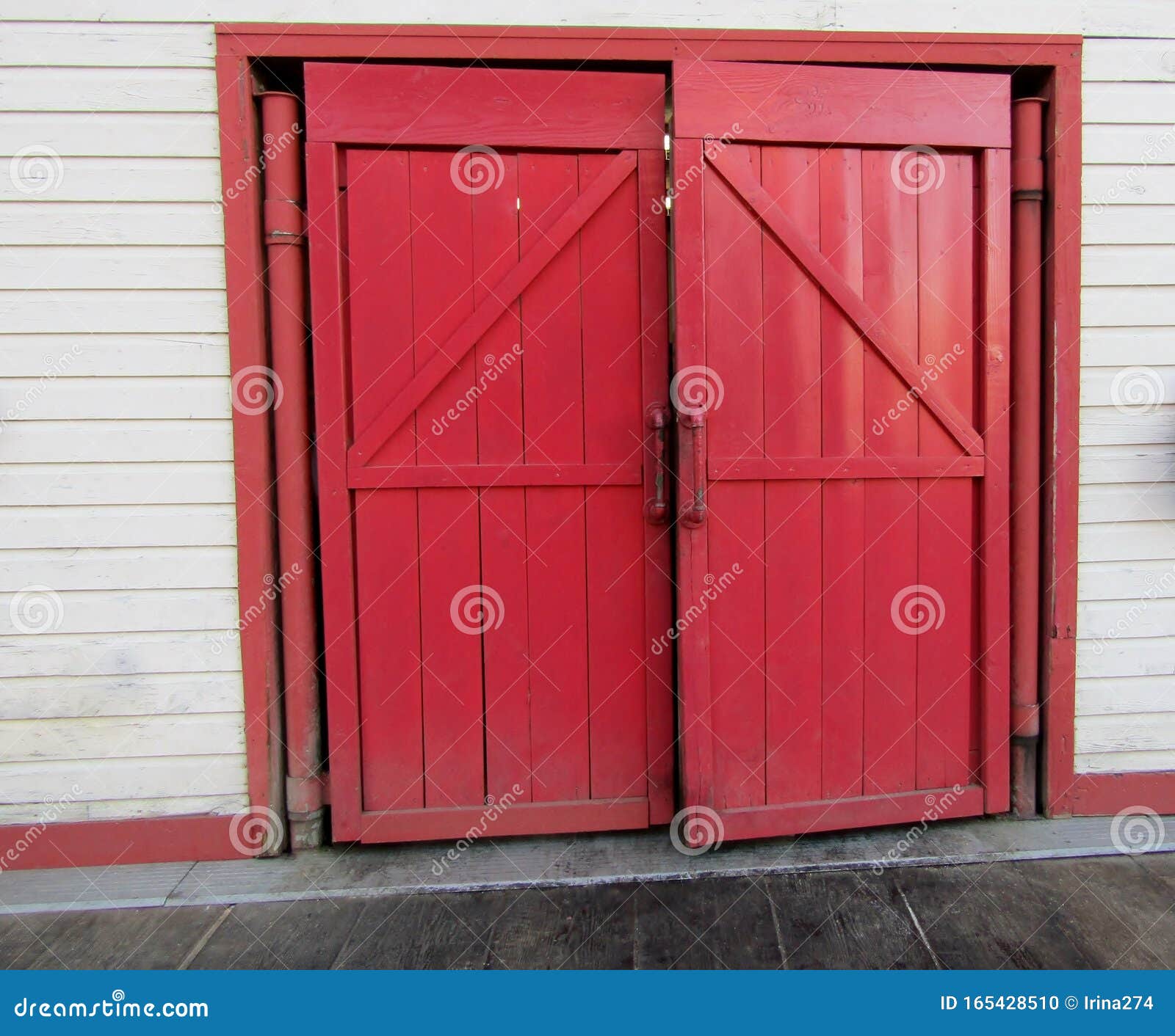 Slightly Open Wooden Red Door Stock Photo - Image of farm, handles ...
