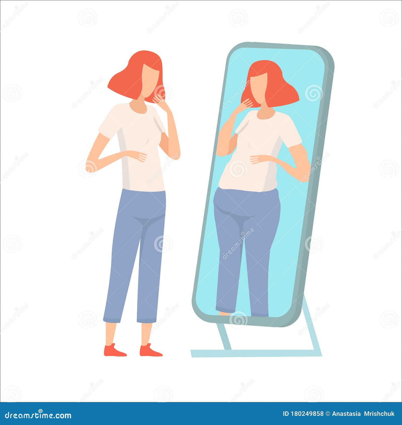Slim Girl Seeing Herself Fat In Mirror Vector Illustration Stock