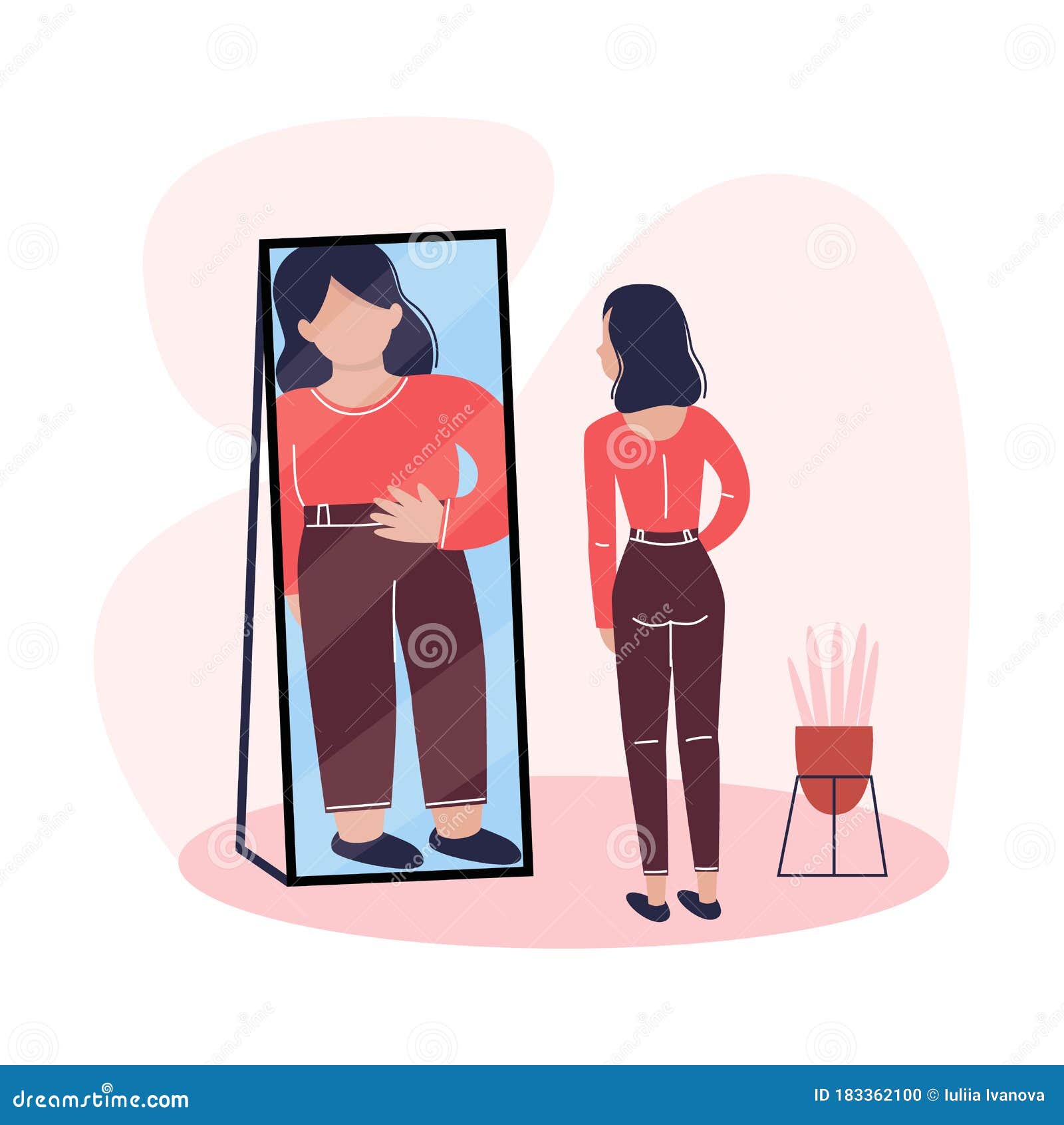 A Slim Young Woman Is Looking In The Mirror And Seeing Herself As