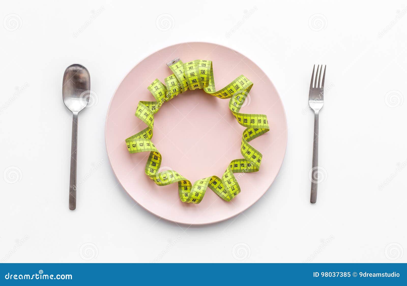 Slimming Diet. Measuring Tape at Empty Plate on White Background Top ...