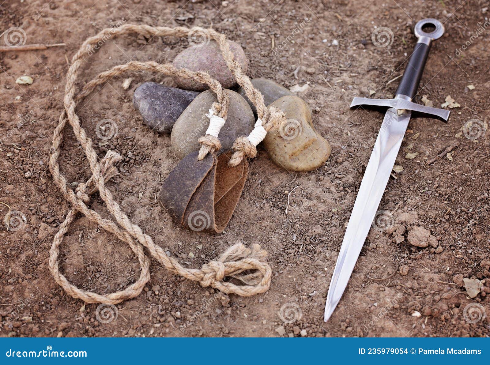 The Sling of David with Five Smooth Stones and Goliaths Sword Stock ...