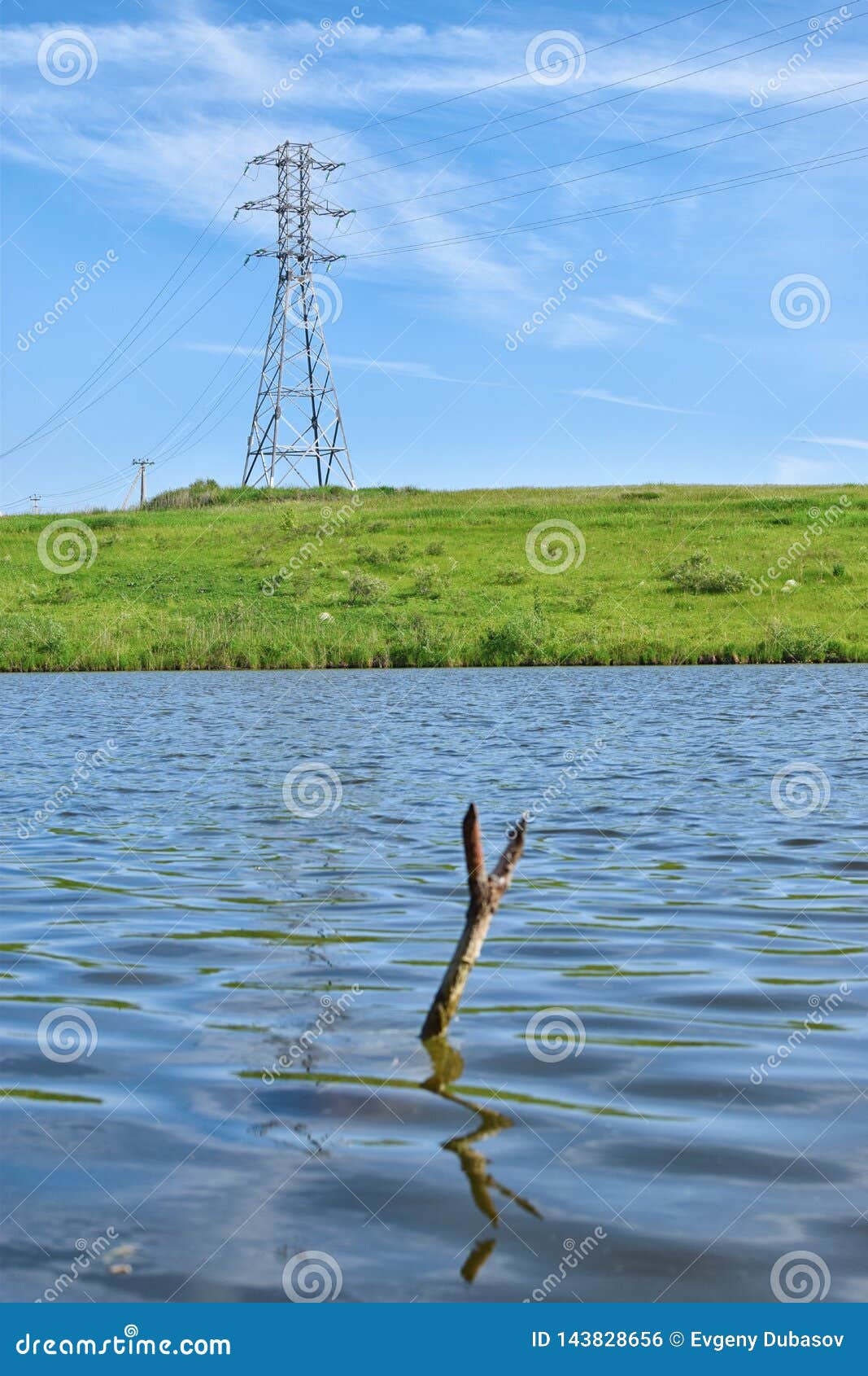 Slingshot for Fishing in River with Reflection and Electric Pole Stock ...