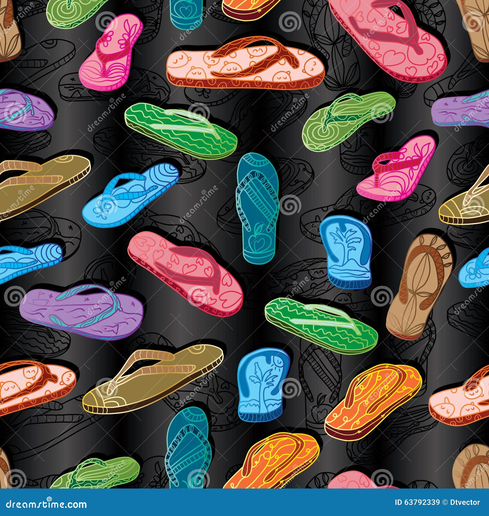 Slipper Drawing Style Walking Black Seamless Pattern Stock Vector ...