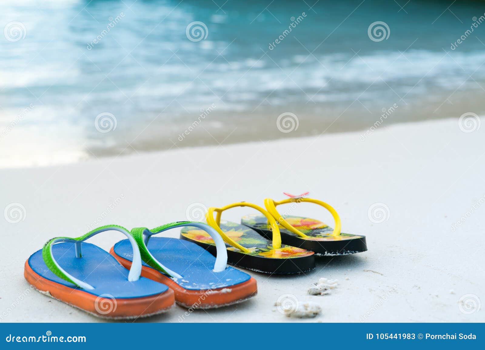 2 Slippers on the White Sand Beach, Travel and Vacation Time Stock ...