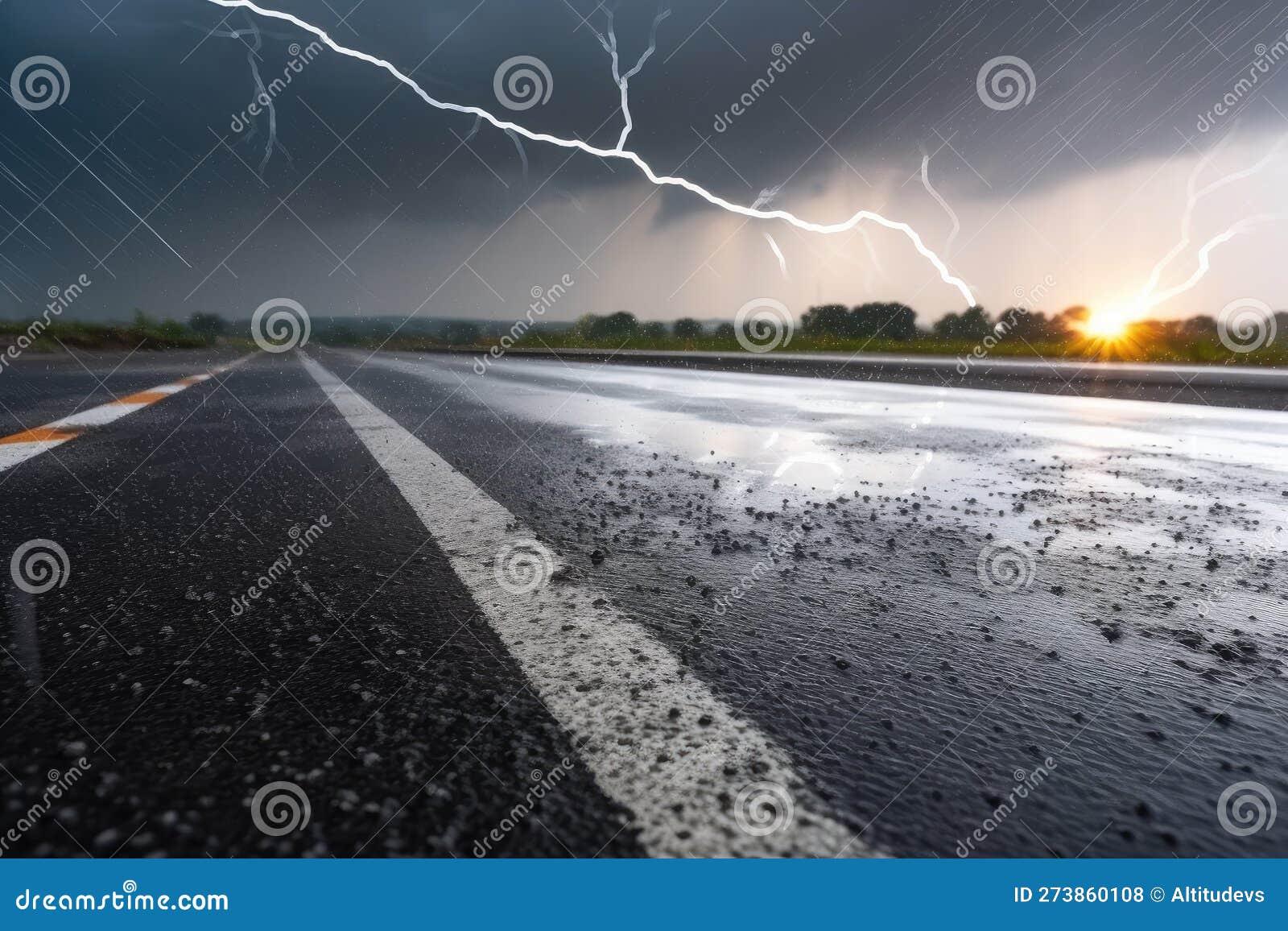 Slippery Wet Asphalt in Stormy Weather, with Lightning and Thunder ...