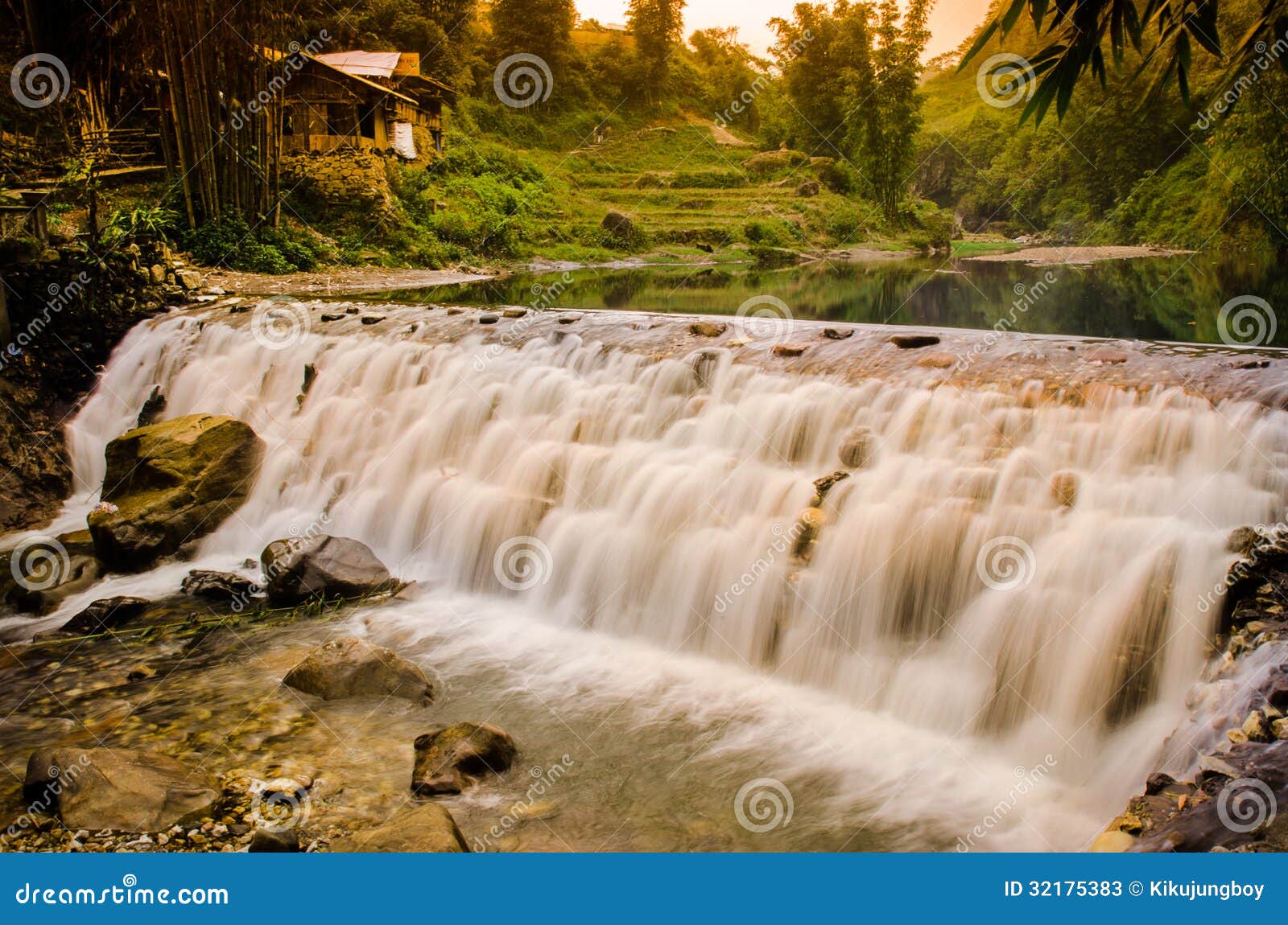 The Slope of Waterfall and Sunset Stock Image - Image of cottage, rock ...