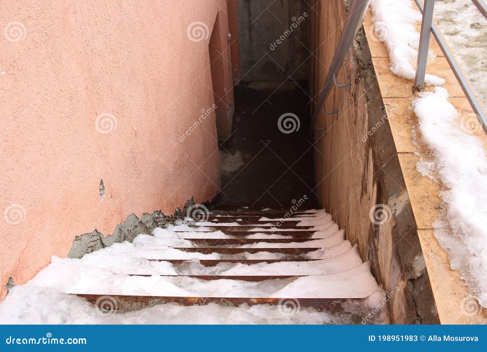 Sloping Dangerous Unclean Stairs Down To the Basement Steps with Ice in ...