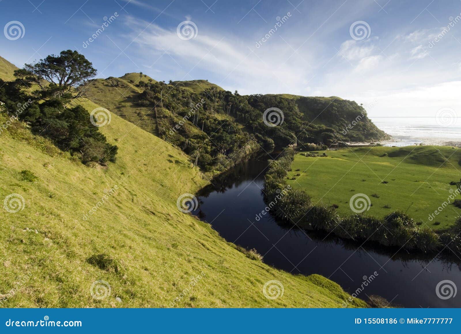 Sloping Farmland with a River on the West Coast of Stock Photo - Image ...