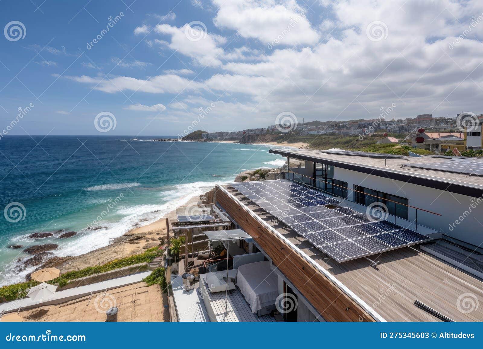 Sloping Rooftop with Solar Panels and a View of the Ocean Stock ...