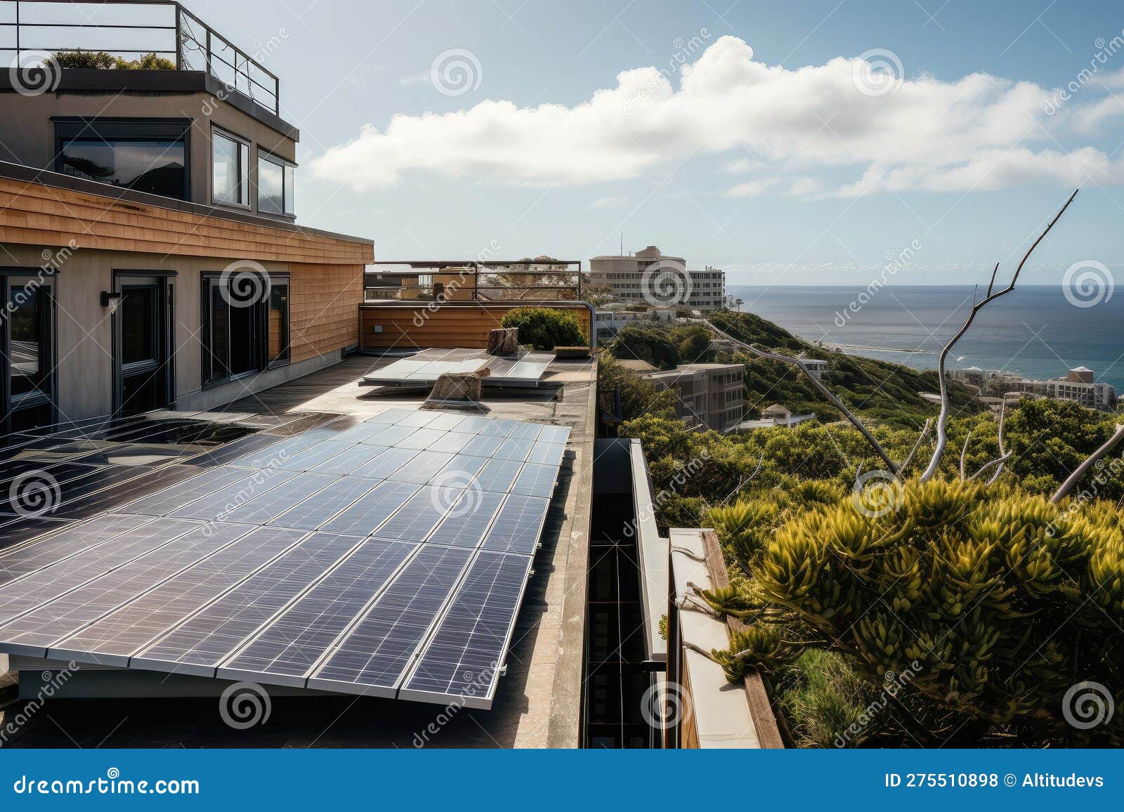 Sloping Rooftop with Solar Panels and a View of the Ocean Stock ...