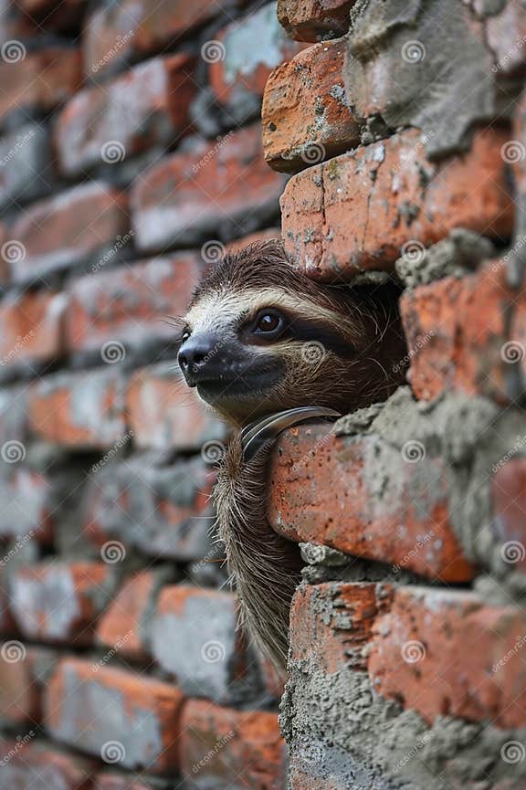 Sloth Builder on a Brick Wall Stock Photo - Image of hanging, amazon ...