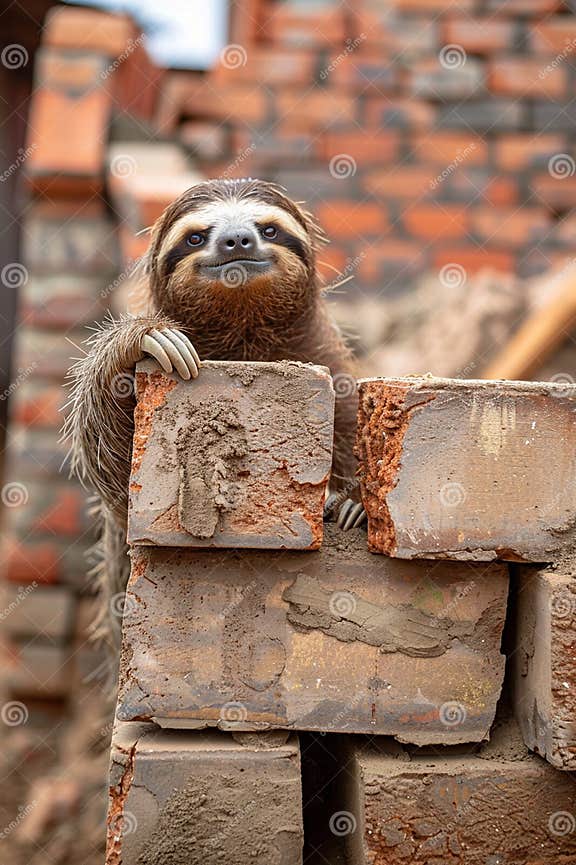 Sloth Builder on a Brick Wall Stock Photo - Image of mammal, leaf ...
