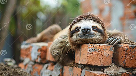 Sloth Builder on a Brick Wall Stock Photo - Image of offspring, cute ...