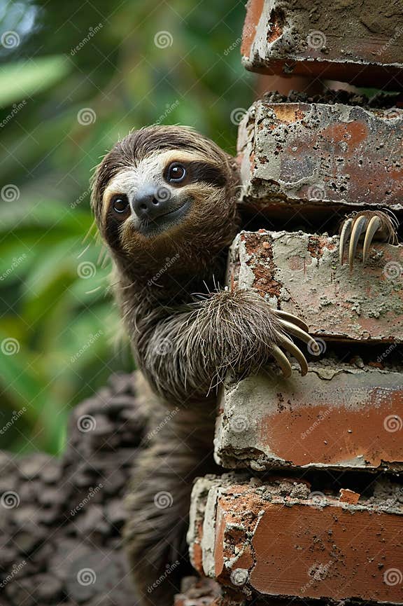 Sloth Builder on a Brick Wall Stock Photo - Image of animal, fauna ...
