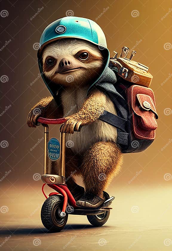 Sloth in a Cap with a Backpack on a Scooter in Animation Style. AI ...