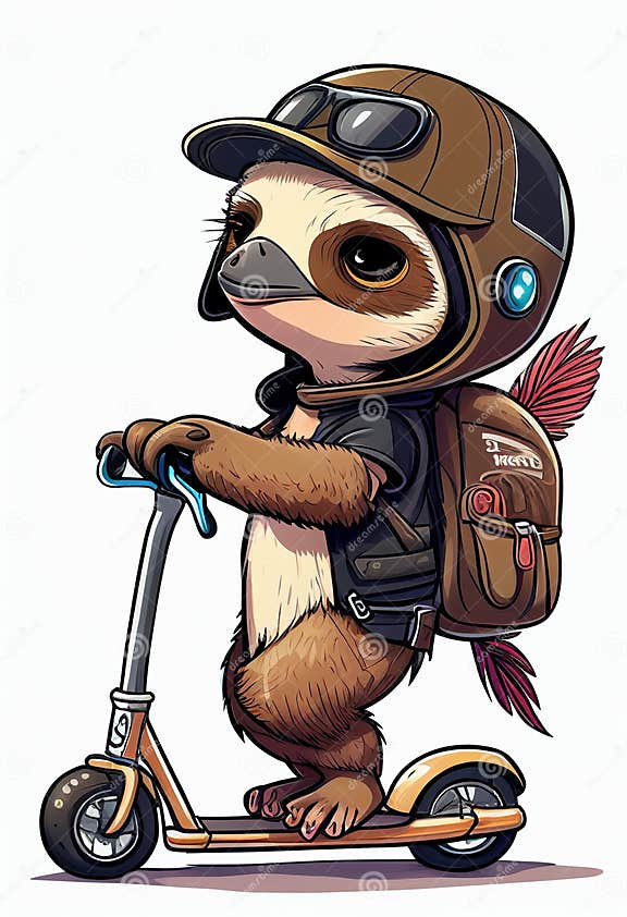 Sloth in a Cap with a Backpack on a Scooter in Animation Style on a ...
