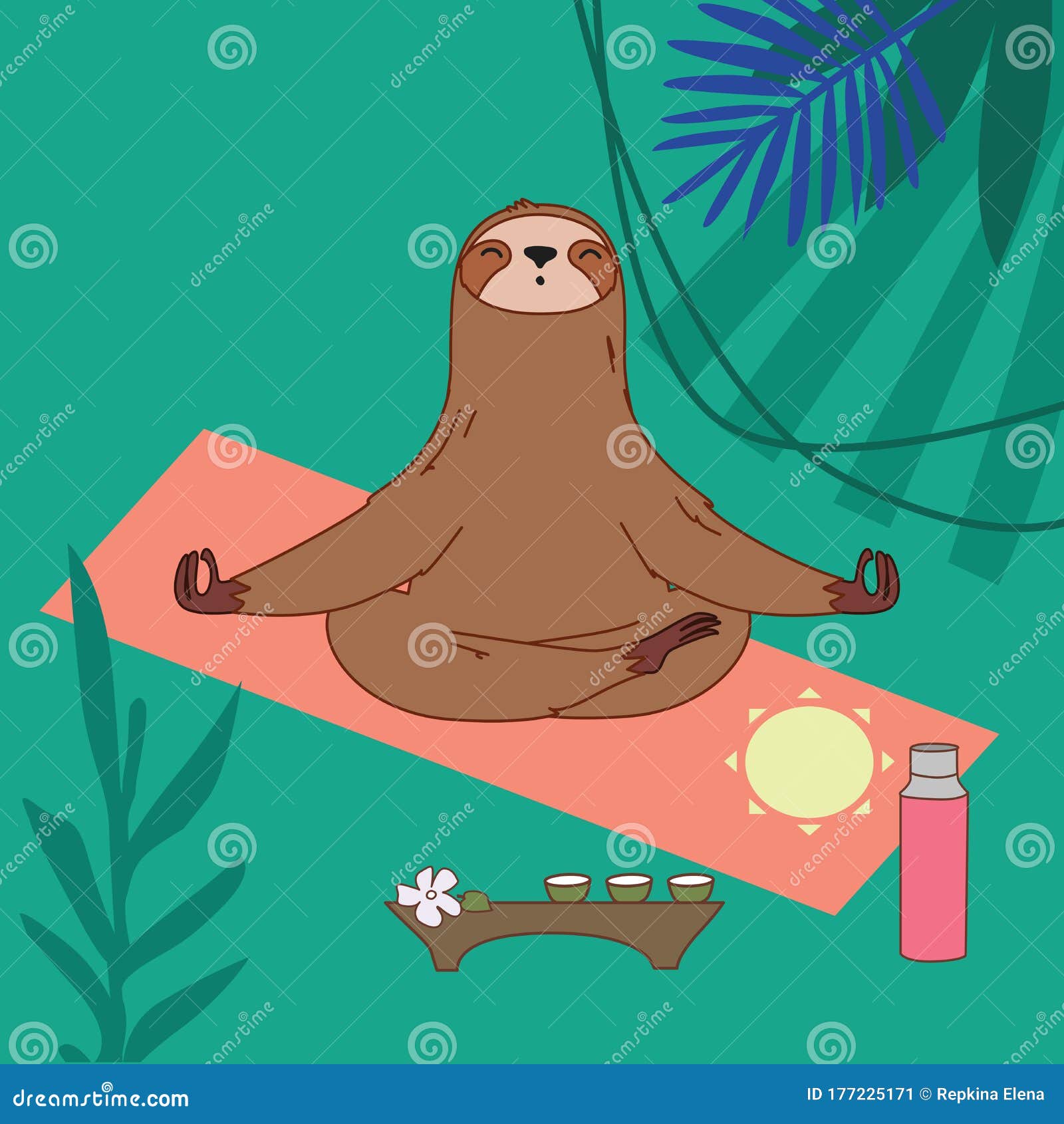 Sloth Character_meditation and Tea Stock Vector - Illustration of ...
