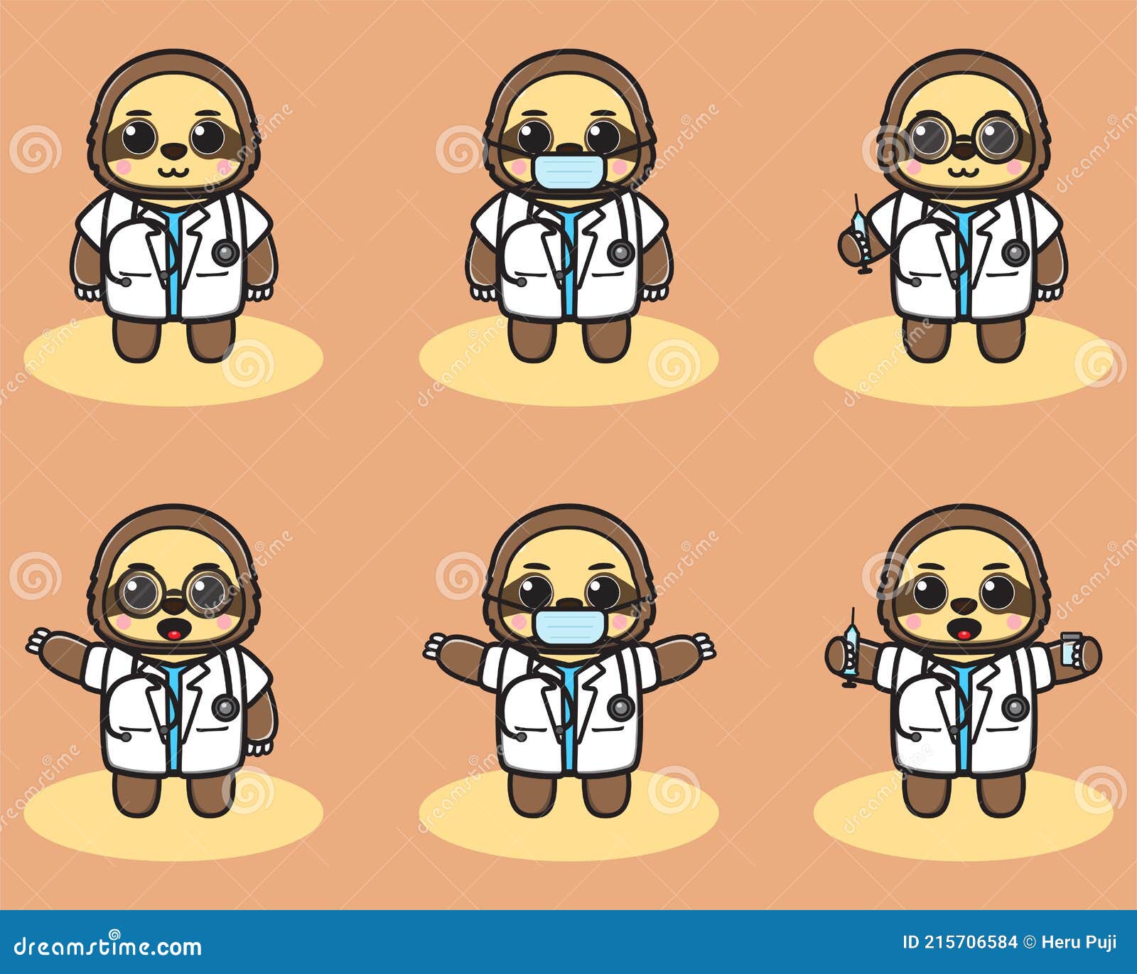 Cute Little Sloth Doctor Cartoon Set. Stock Vector - Illustration of ...