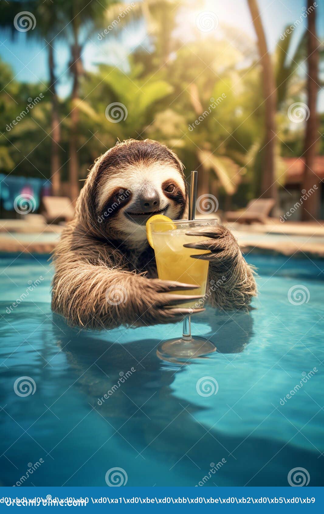 Sloth with a Cocktail on the Background of the Pool Stock Illustration ...
