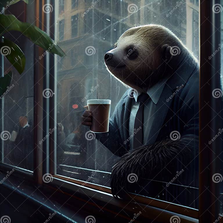 Sloth with Coffee, Office Worker. Stock Illustration - Illustration of ...