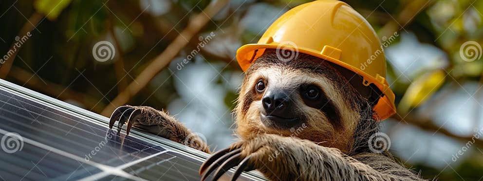 A Sloth in a Construction Helmet Mounts Solar Panels Stock Photo ...